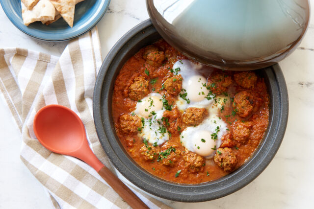 Kefta Tagine with Eggs in Tomato Sauce {Kefta Mkawra}