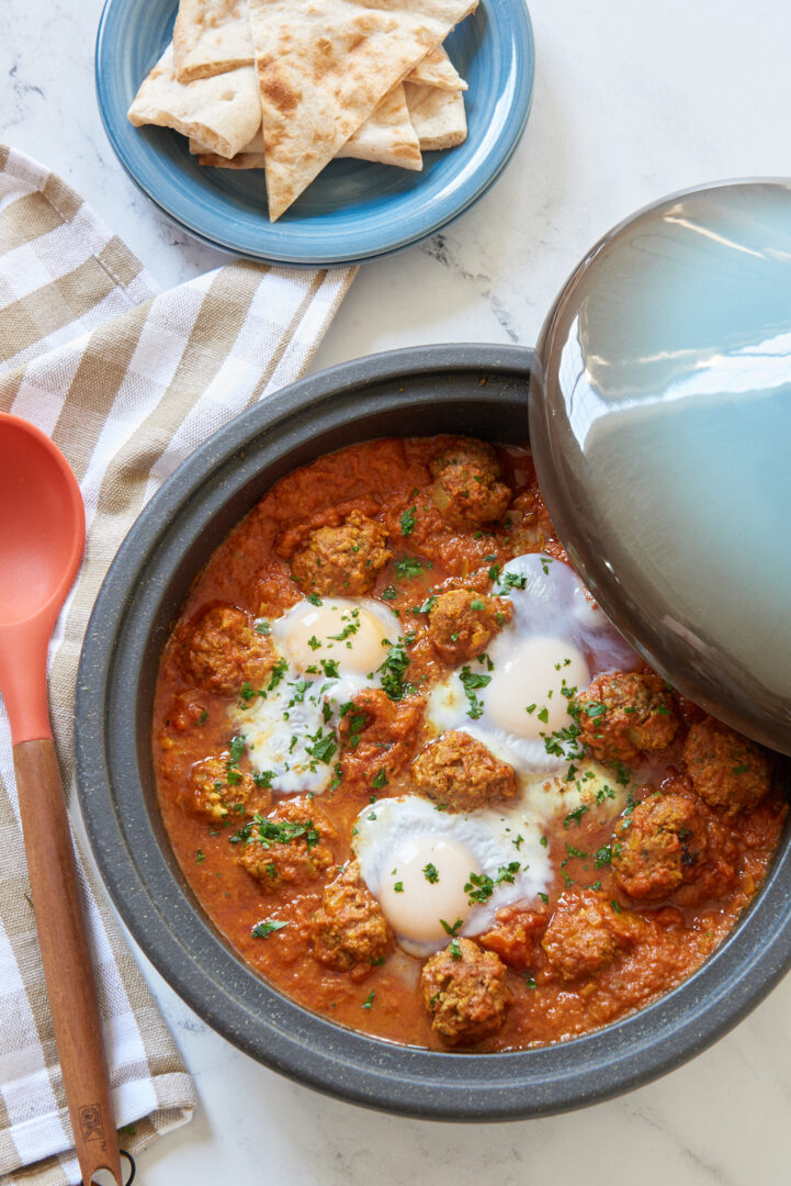 Kefta Tagine with Eggs in Tomato Sauce {Kefta Mkawra}